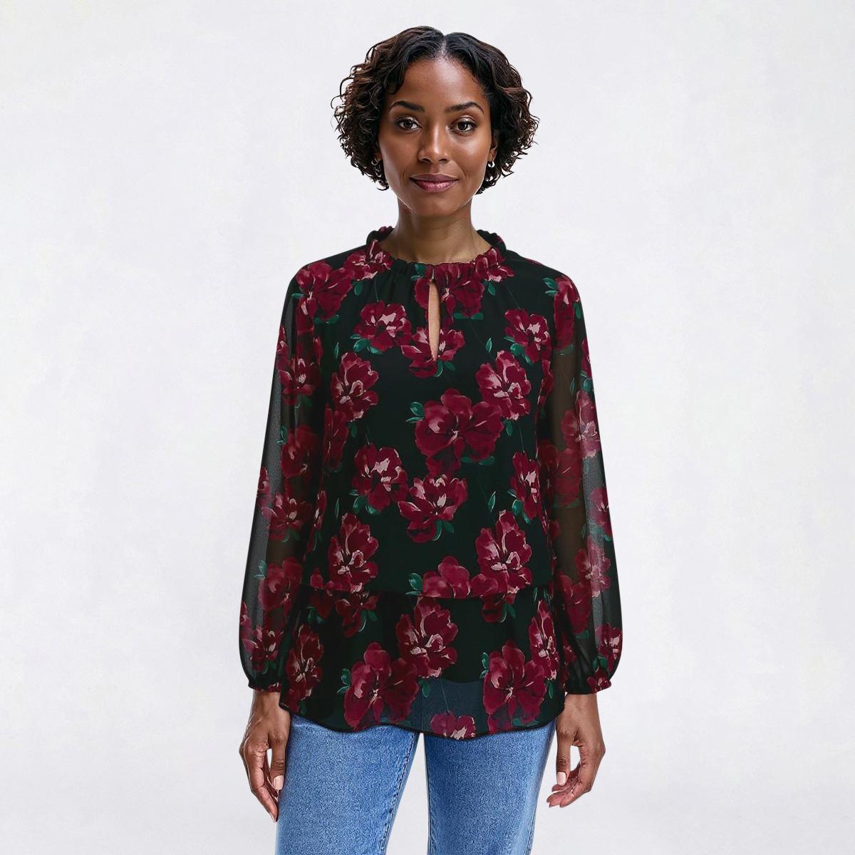 Ak Anne Klein Womens Ruffle-Neck Long-Sleeve Chiffon Top - Anne Black/Chianti Multi